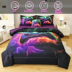 DORCAS Full Gaming Comforter Set for Boys,6 Pcs Gamer Bedding Set Full Size Sheets and Comforter Set for Boys Kids Teen(Purple,Full)