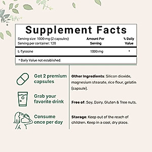 Plant Based L Tyrosine Pills, 1000mg Per Serving, 240 Capsules, Premium Tyrosine Pre Workout Supplement, Supports Mental Alertness Neurotransmitter, Non-GMO and Easy to Swallow