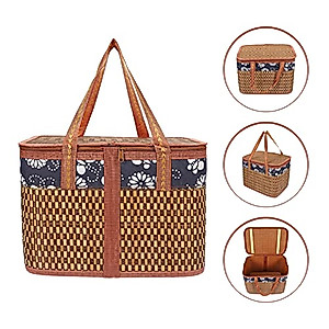 Hemoton Woven Picnic Basket with Lid Wicker Picnic Hamper Chicken Egg Storage Basket Fruit Bread Holder Gift Wrapping Basket with Handle for Home Party
