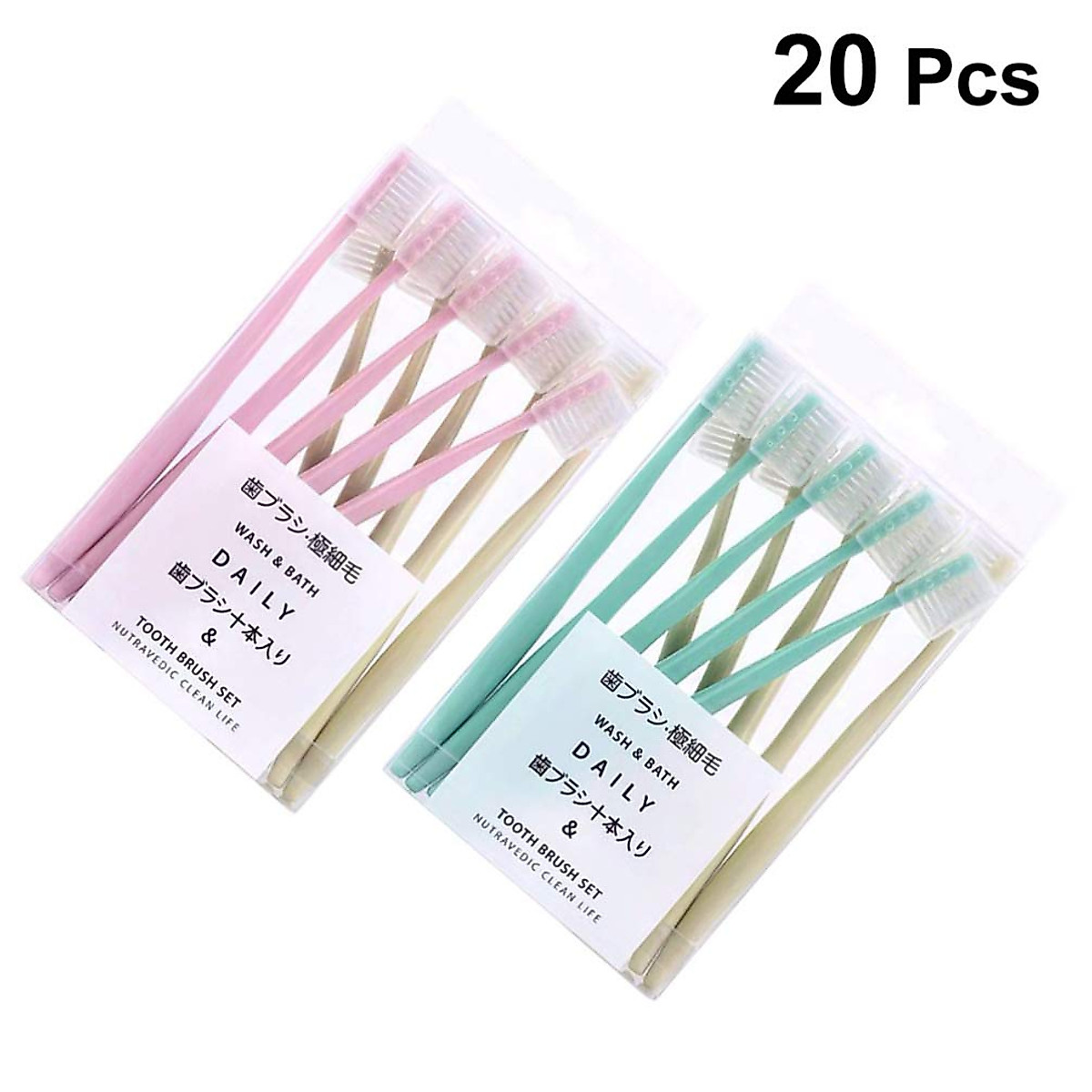 Healifty Long Handle Toothbrush 20pcs Ultra Soft Toothbrushes with Head Cover Manual Small Head Toothbrushes for Home Travel Hotel (Green Pink) Extra Soft Toothbrush