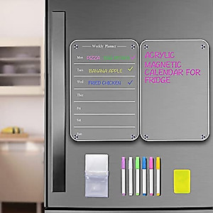 2 PCS 9"x13" Clear Weekly Meal Planner Magnetic Acrylic Board,Acrylic Magnetic Dry Erase Board for Fridge, Magnet Week Calendar for Refrigerator Includes 6 Colors Markers and Pen Container