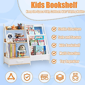 Kids Bookshelf and Toy Organizer, 3 Tier Bookshelf for Kids, Montessori Bookcase Book Shelf for Kids Rooms, Bedroom, Playroom, Nursery, Toy Storage Organizer with Bookshelf (Natural)