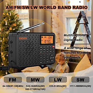XHDATA D109 Portable Shortwave Radio - Battery Operated AM FM SW LW World Band Radio DSP Good Reception Radio with Great Sound Mp3 Speaker Wireless BT Alarm Clock Sleep Function TF Card Support