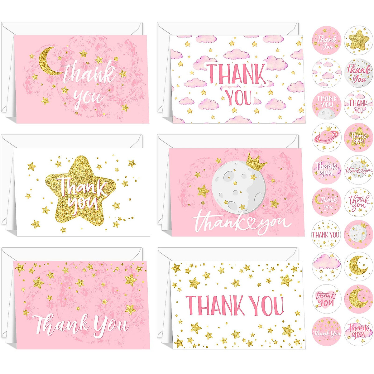 24 Pieces Stars Thank You Cards with Envelopes and Stickers for Baby Shower Party Supplies, Gold Foil Thanks Stickers Starry Delight Thanks Notes Stars Moon Gratitude Cards for Party Favors (Pink)