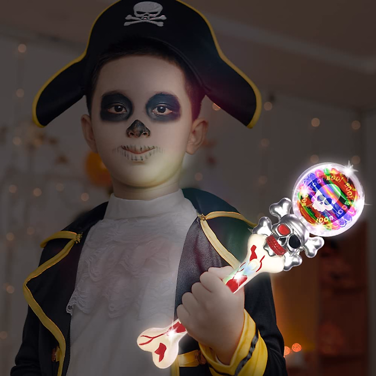 ArtCreativity Light Up Spinning Skull Wand, 14 Inch LED Spin Toy for Kids, Batteries Included, Great Halloween Toy for kids Gift Idea for Boys and Girls, Pirate Birthday Party Favor, Carnival Prize