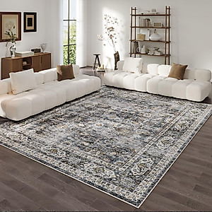 Rugcomf 8x10 Rug Washable Boho Rug Soft Large Area Rug Non-Slip Non-Shedding Faux Wool Vintage Rug for Living Room, Farmhouse, Dining Room, Indoor, Kids Playroom (Grey and Brown)