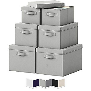 NEATERIZE Storage Bins with Lids. Set of 6 Heavy Duty Stackable MDF Covered With Fabric Storage Boxes with 2 Handle, Use for Organizing Closet, Garage, Clothes, Blankets, Linen (Light Grey)