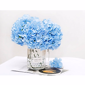DuHouse Artificial Hydrangea Silk Flower Heads with Stem Fake Blue Hydrangea Bigger Flowers for Wedding Home Garden Centerpiece Pack of 6