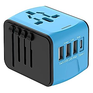 JMFONE Universal Travel Adapter,International Power Adapter High Speed 2.4A 4*USB, Type-C 3.0A Port with Worldwide AC Plug Wall Charger for European, Italy, US, and More 170 Countries (Blue)