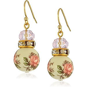 1928 Jewelry Pink Floral Decal Beaded Drop Earrings