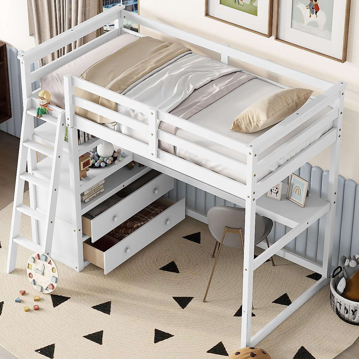 MERITLINE Twin Loft Bed with Desk and Storage, Wooden Loft Bed Twin with Shelves and Two Built-in Drawers for Kids Teens Boys Girls,No Box Spring Needed,White