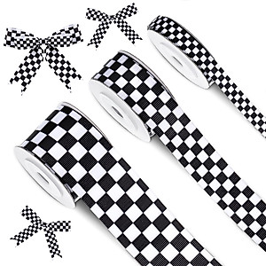 3 Rolls Black Grosgrain Ribbon White Checkered Printed Ribbon Racing Car Theme Printed Checkered Ribbon Plaid Buffalo Ribbon for DIY Crafts Wreath Party, 0.4, 0.87, 1.5 Inch Wide, 15 Yard (Plaid)