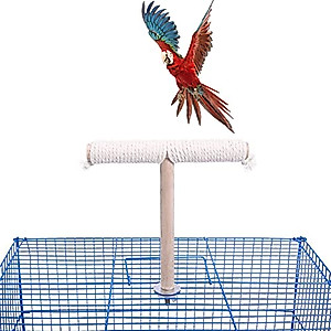 Dft Bird Toys, Natural Wood Bird Perch Stand T-Shaped Bar with Cotton Rope Cage Grinding Toy for Cockatiels Conures Budgies Love Birds