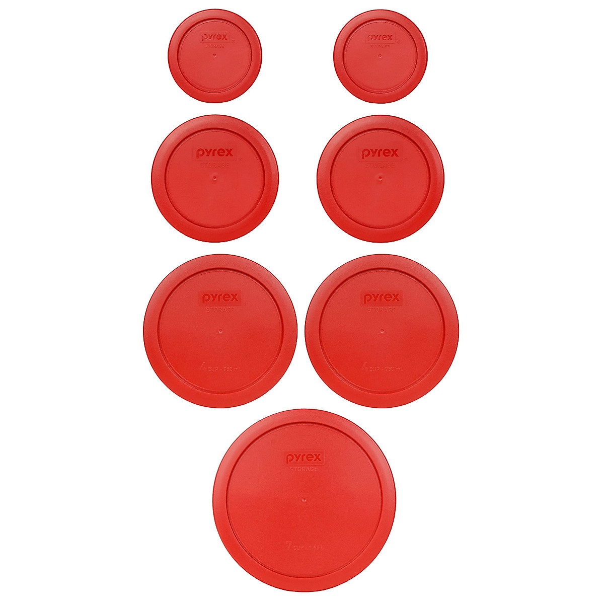 Pyrex Poppy Red (2) 7202-PC, (2) 7200-PC, (2) 7201-PC, & (1) 7402-PC Round Plastic Food Storage Replacement Lids, Made in USA
