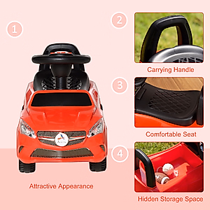 Aosom Kids Ride On Push Car, Foot-to-Floor Walking Sliding Toy Car for Toddler with Working Horn, Music, Headlights and Storage, Red