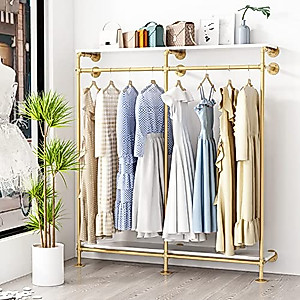 IronJiaZu Gold Pipe Clothes Racks with 2 Shelves, Industrial Pipe Gold Clothing Rack with Double Hanging Rods, Heavy Duty Wall Mounted Clothing Rack Rod for Closet Storage, Bedroom