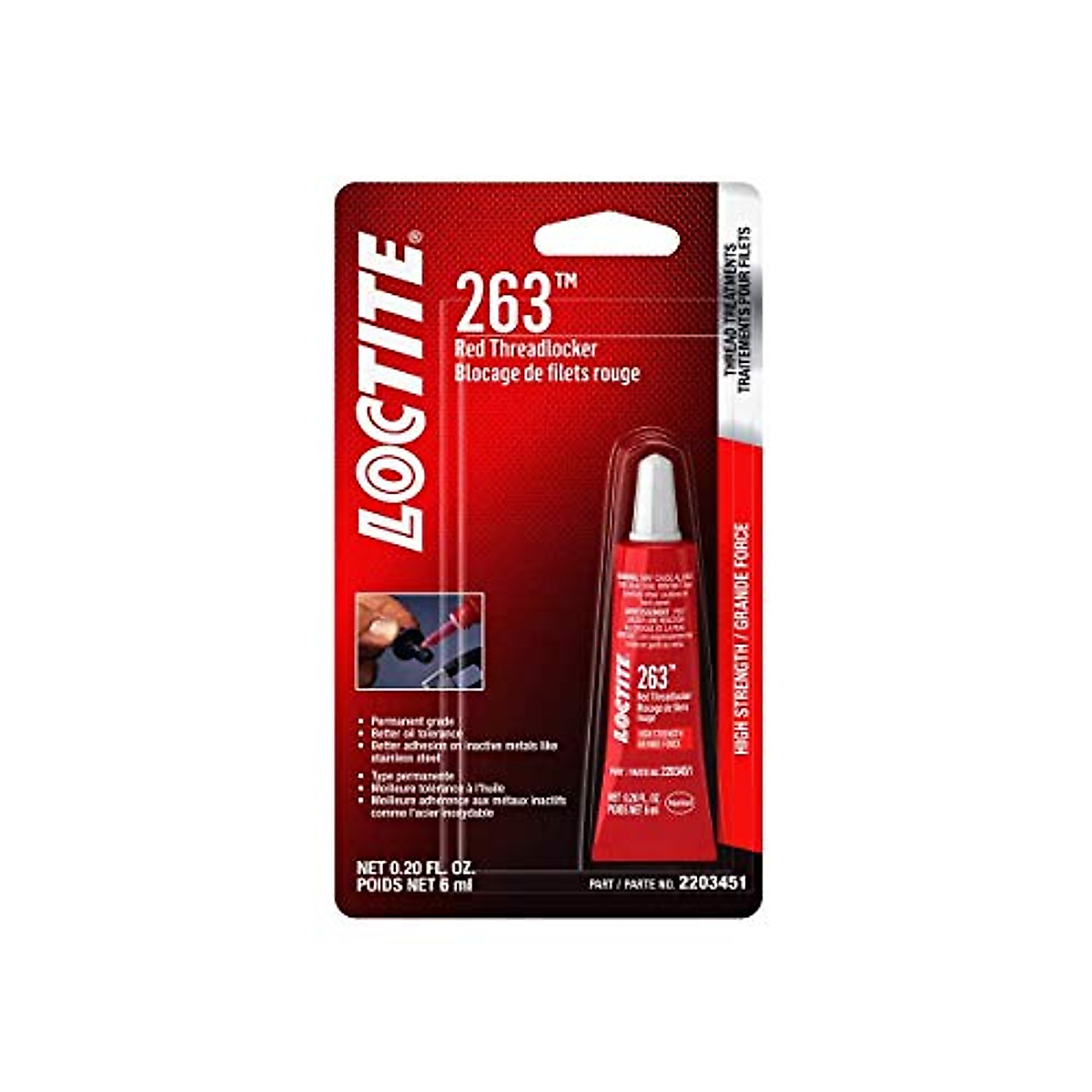 LOCTITE 263 Threadlocker for Automotive: High-Strength, Oil Tolerant, High-Temperature, Fluorescent, Anaerobic, Heavy Duty Applications | Red, 6 ml Tube (PN: 2203451)
