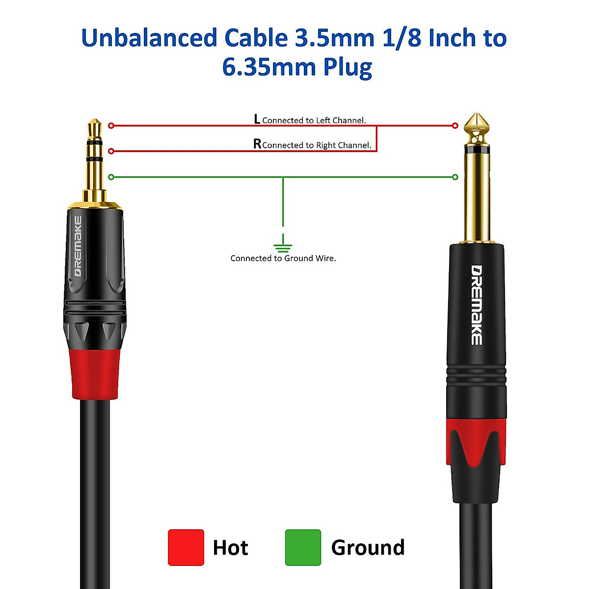 DREMAKE Mono 6.35mm to 3.5mm Stereo Audio Cable 3FT, Stereo 3.5mm Plug to TS 6.35mm Patch Cord, TS 1/4 Inch 6.35mm Male to 1/8 Inch 3.5mm Male Interconnect Cable for Phones, Sound Card, PA Audio