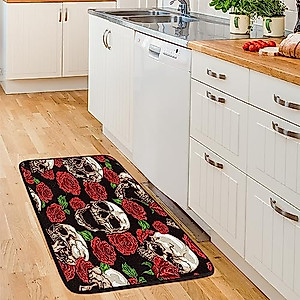 KOBLEN Skull and Red Roses Kitchen Rugs Non Slip Washable Absorbent Kitchen Mats 20x39 inch Cushioned Anti Fatigue Kitchen Floor Mats for in Front of Sink