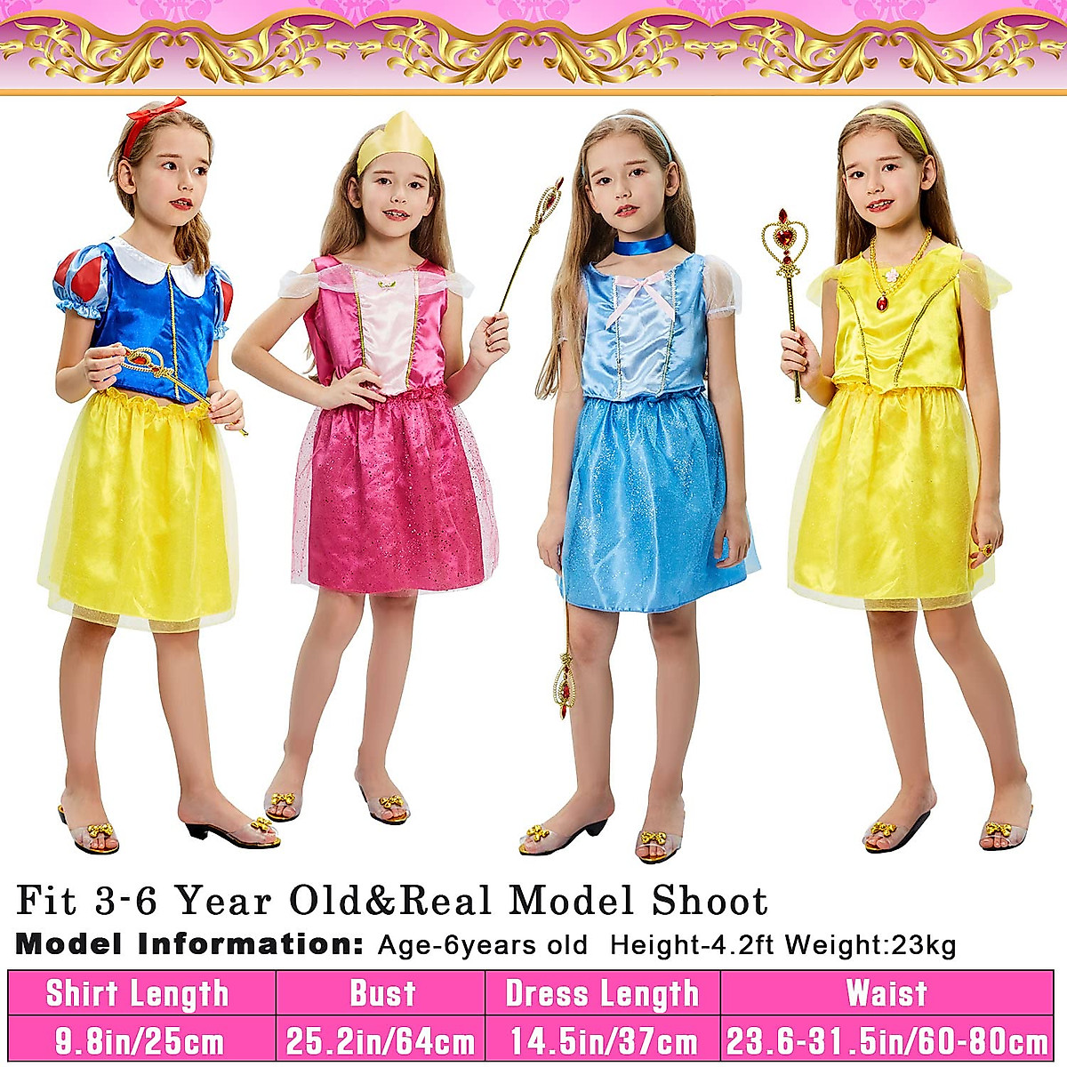 Latocos 17 Pcs Girls Princess Dress Up Trunk Role Play Cosplay Set with Princess Shoes Crown Accessories Princess Costume for Kids Age 3-6 Years