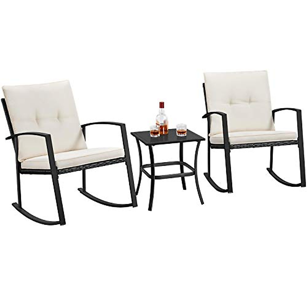 Yaheetech 3-Piece Patio Furniture Set, Outdoor Rocking Chairs Bistro Set, 2 PE Rattan Chairs with Glass Coffee Table Wicker Furniture Set - for Garden Balcony Backyard Poolside