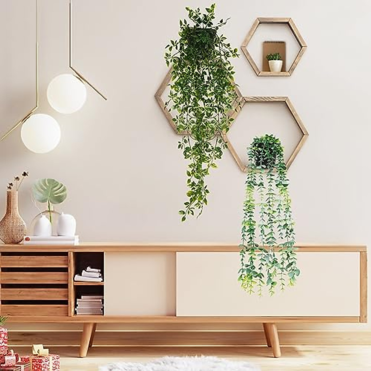 MARTINE MALL 2 Packs Artificial Hanging Plants Fake Hanging Plants, Small Potted Hanging Plants Fake Plants Mandala Hanging Vine Eucalyptus Vine for Shelf Home Office Bedroom Indoor Outdoor