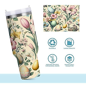 Jihqo Easter Day Floral and Eggs 40 oz Stainless Steel Vacuum Insulated Tumbler with Handle and Straw Lid, Leakproof Water Bottle Double Wall Travel Mug Coffee Cup, Cupholder Friendly