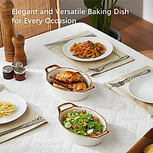 ONEMORE Au Gratin Baking Dish, 20 oz Individual Casserole Dishes Oven Safe 6x8 Oval Ceramic Small Baking Dish with Handles for Pies & Meals, Set of 4 Brown Rim Gratin Dish for Cooking & Small Serving