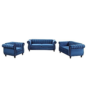3-Piece Sofa Sets Living Room Sets with Solid Wood legs, Buttoned Tufted Backrest, Frosted Velvet Upholstered Couches Sets Including 3-Seat Sofa, Loveseat and Chair for Living Room (Blue)