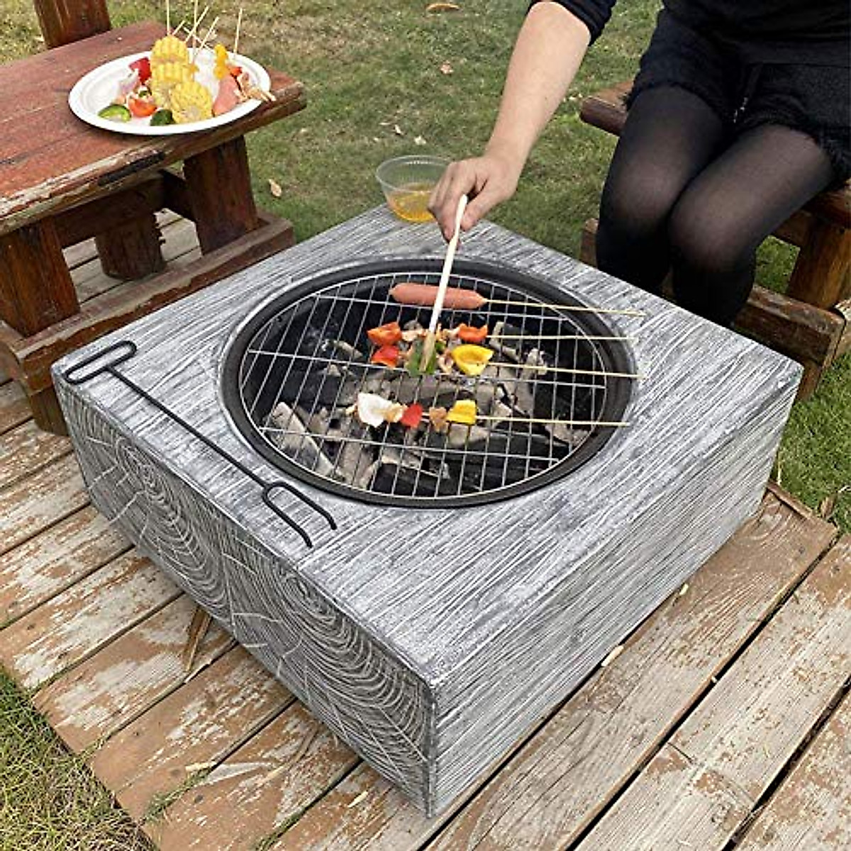 Fire Pit Garden, Fire Pit Grill Fire Bowl for Garden and Patio Fashionable and Artistic Magnesium Oxide Base (3 in 1Fire Pit Table & Grill)