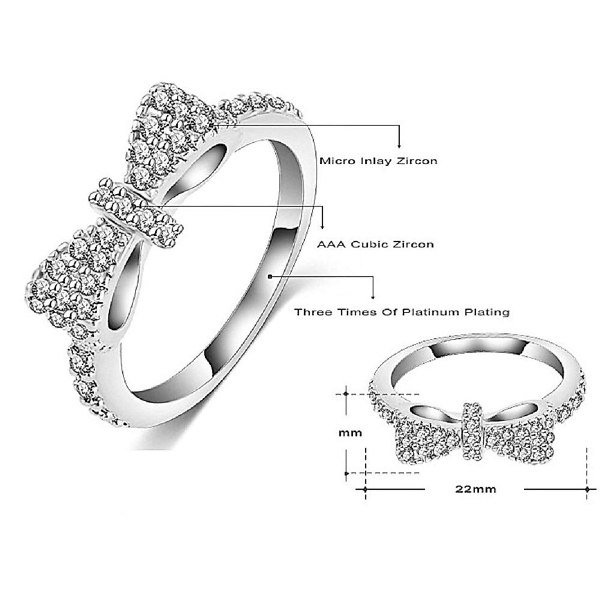 WANGYUSHENG Stylish Lovely Bow Statement Silver Plated Rings for Women ，Cubic Zirconia Rings for Adorable Gift (US size 6)