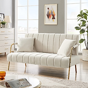 Modern Upholstered Velvet Loveseat Sofa: 60" Mid Century 2 Seater Sofa - Cashmere Sofa Couch with 2 Pillows - Gold Metal Legs - Small Spaces Bedroom Apartment Office Living Room (Beige)