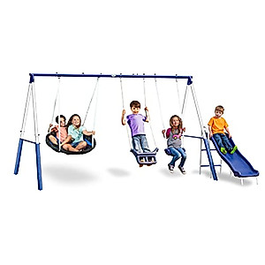XDP Recreation Swingin' More Fun - Outdoor Backyard Playground Kids Swing Set. White/Blue & XDP Recreation 70113 Swing Set, Trampoline & Patio Furniture Metal Ground Anchor Kit Hardware, Bronze