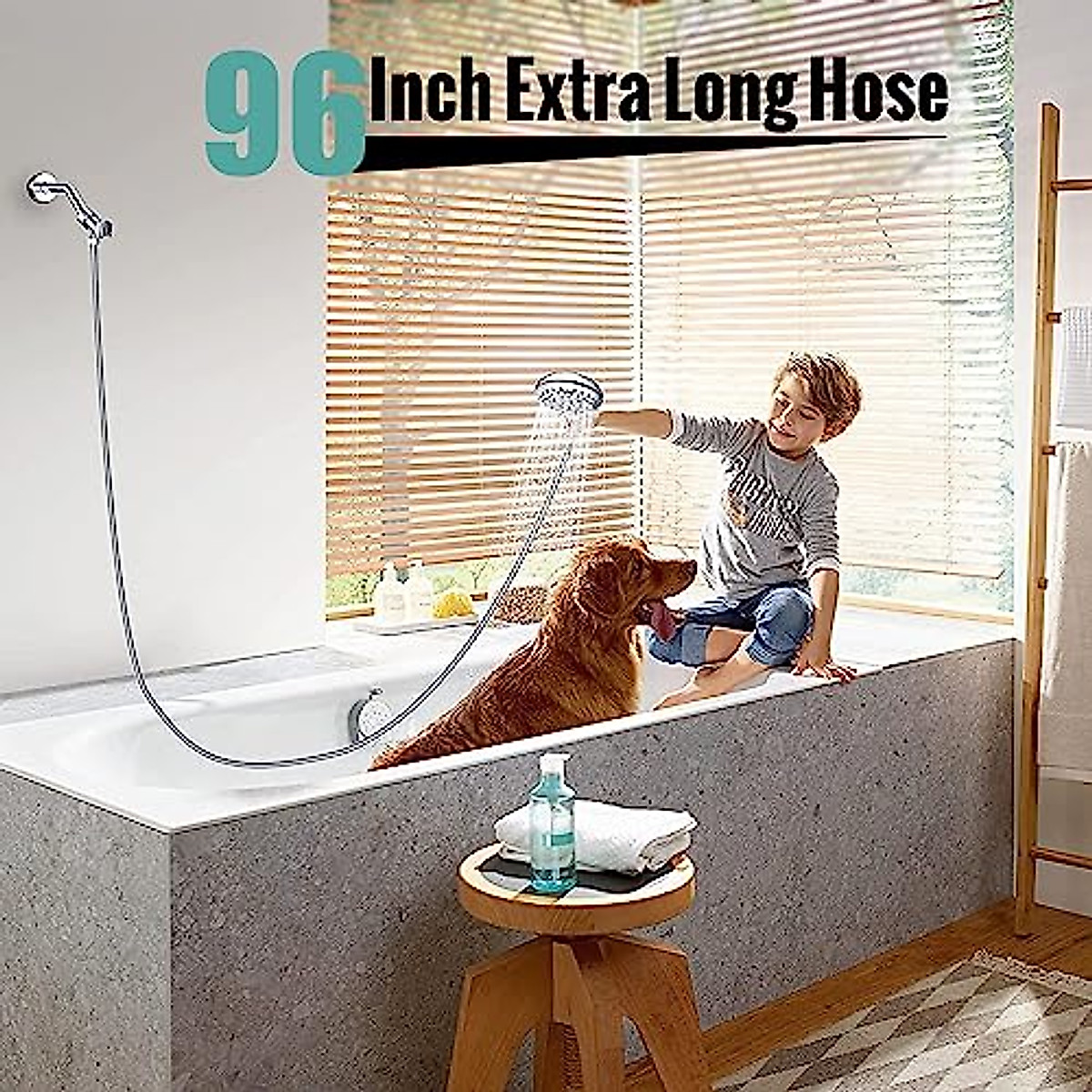 Shower Head, SR SUN RISE 6-Settings 5" High Pressure Handheld Shower Head Set with 2.45 Meter/96 Inch/ 8 FT Long Shower Hose and Shower Arm Mount with Brass Ball Joint,Chrome