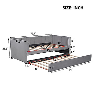 KTATK Twin Size Velvet Upholstered Daybed with Ergonomic Design Backrest and Trundle,Classic Stripe Shaped Headboard,No Box Spring Needed,for Bedroom, Living, Guest Room,Gray