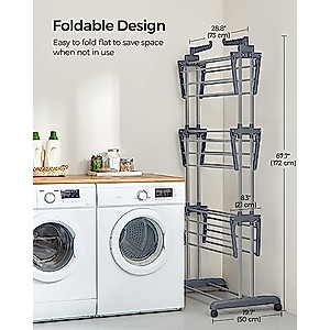SONGMICS Clothes Drying Rack Stand 4-Tier, Foldable Laundry Drying Rack 67.7-Inch Tall, Stainless Steel, Rolling Clothes Horses Dryer Rack, Easy to Assemble, Indoor Outdoor Use, Gray ULLR701G01