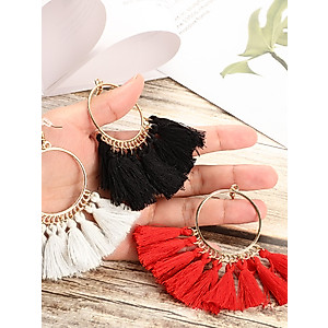 Gejoy Tassel Hoop Earrings Fan-shaped Drop Earrings Dangle Eardrop for Women Party Bohemia Dress Accessory, 3 Pairs