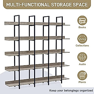 5 Tier Industrial Bookshelf, Triple Wide Wood Bookshelf with Metal Frame, Rustic Etagere Bookcase with Back Panel, Vintage Storage Rack with Open Shelves for Living Room, Bedroom, Study, Black&Gray