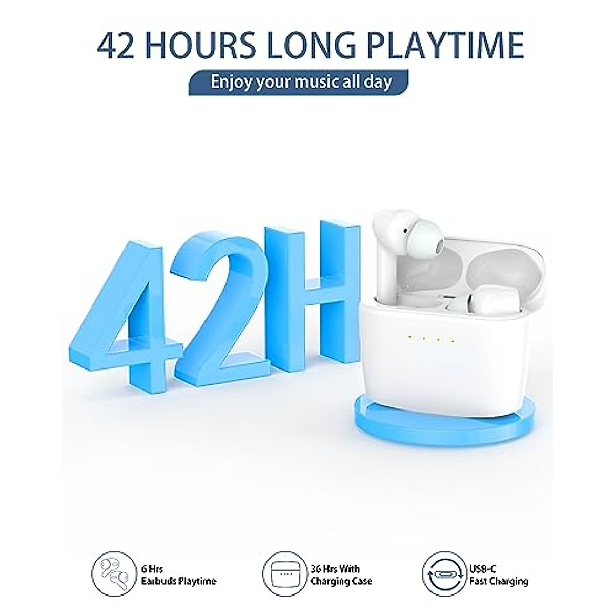 Mysic Wireless Earbuds,Bluetooth 5.3 Earbuds Built in 4 ENC Stereo Microphone Bluetooth Headphones 42H Playtime with Charging Case IPX7 Waterproof Mini in-Ear Earphones for iOS Android(White)