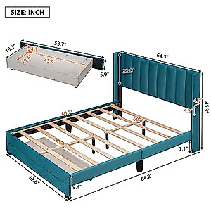 OTRIEK Queen Size Velvet Upholstered Platform Bed Frames with Large Storage Drawer, Mid-Century Modern Royal Platform Bed with Headboard, Sturdy Wood Slat Support for Bedroom Boys Girls (Blue)