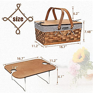 Woodchip Picnic Basket for 2 with Portable Wine Table, Woven Basket with Double Swing Handles & Removable Cutlery Service Kit, Large Basket for Picnic, Camping, Family, Wedding Gifts for Couple,Grey