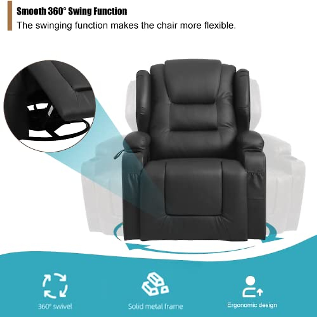 ETAGERIA Swivel Rocker Recliner Nursery Rocking Chairs 360 Degree, Manual Glider Recliner Chairs for Living Room,Upholstered Swivel Single Sofa Seat with Cup Holders, Side Pockets, Pillow, Leather