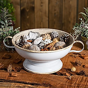 Ka Home Distressed Metal Bowl for Decorative Centerpiece, Table, Home Decor - Rustic White Large Footed Bowl with Handles - Farmhouse Kitchen Decor Accent