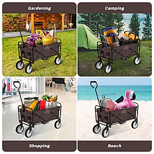Collapsible Folding Wagon, Beach Wagon Cart Heavy Duty 220LBs Foldable, Utility Grocery Wagon with Side Pocket for Camping Garden Sports