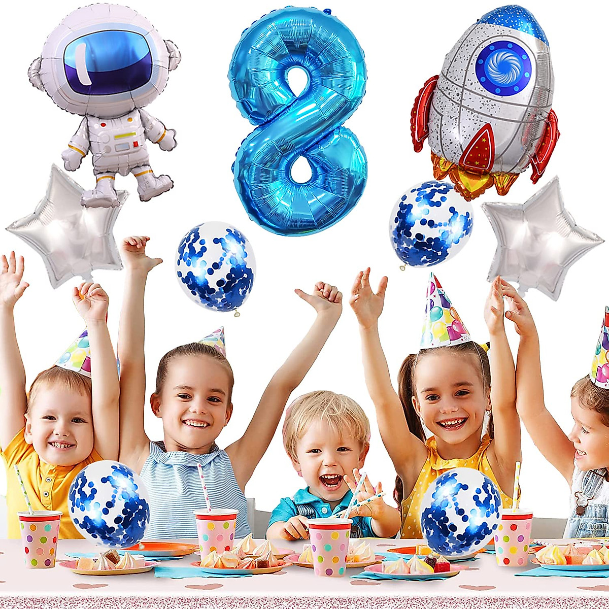 Kawailay Astronaut Rocket 8th Birthday Party Balloons Jumbo Spaceman Birthday Balloons Outer Space Theme Foil Balloons 32 Inch Blue Number 8 Helium Balloon for Birthday Party
