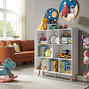 3-Tier Bookshelf, 8-Section Wooden Bookcase, Storage Organizer with Pine Legs, Modern Storage Display Cabinet for Living Room, Classroom, Kid’s Room (White)