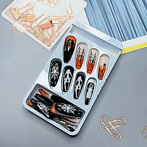 Halloween Fake Nails- 24Pcs Halloween Press on Nails Long Coffin False Nails Square Glue on Nails Gothic Ghost Spider Web Full Cover Halloween False Nails for Women Girls Acrylic Nails Decoration