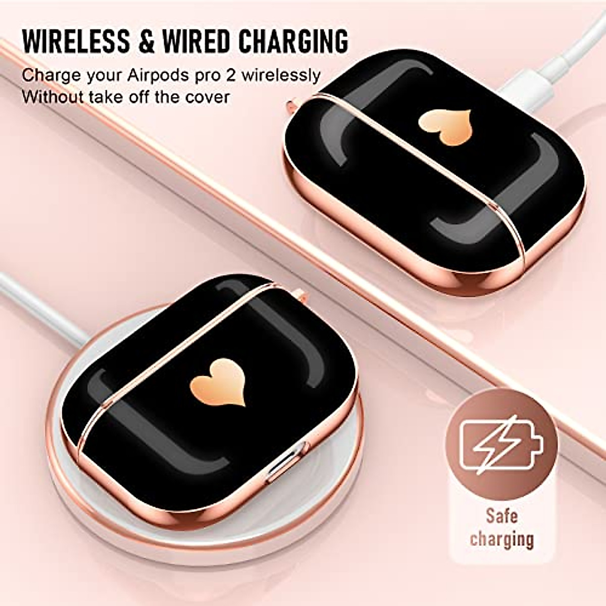 Maxjoy Airpods Pro 2 Case Cover,Cute Electroplating with Gold Heart Pattern with Lanyard Shockproof Cover for Girls Woman Airpods Pro 2 Generation Case-Black