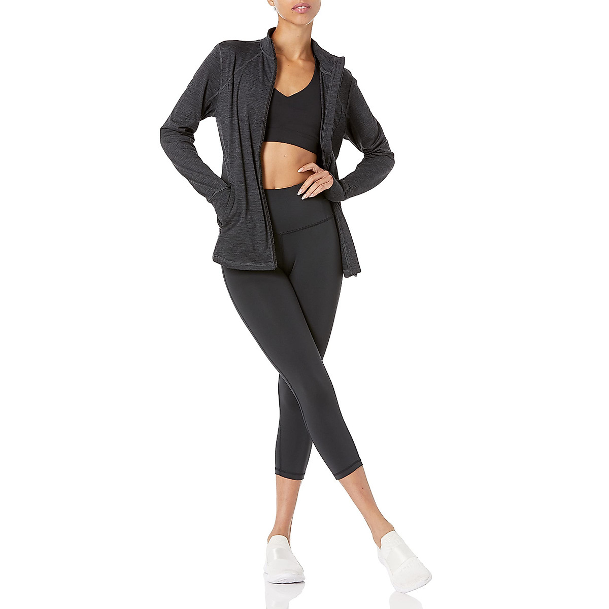 Amazon Essentials Women's Brushed Tech Stretch Full-Zip Jacket - Discontinued Colors, Black Space Dye, Medium