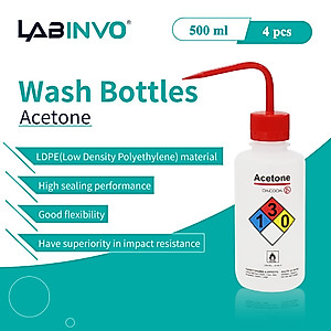 LABINVO 4pcs of Acetone Wash Bottles, Vol.500ml (17oz), Narrow Mouth, Self-Venting Safety Wash Bottles, LDPE Material, IN-WBA500